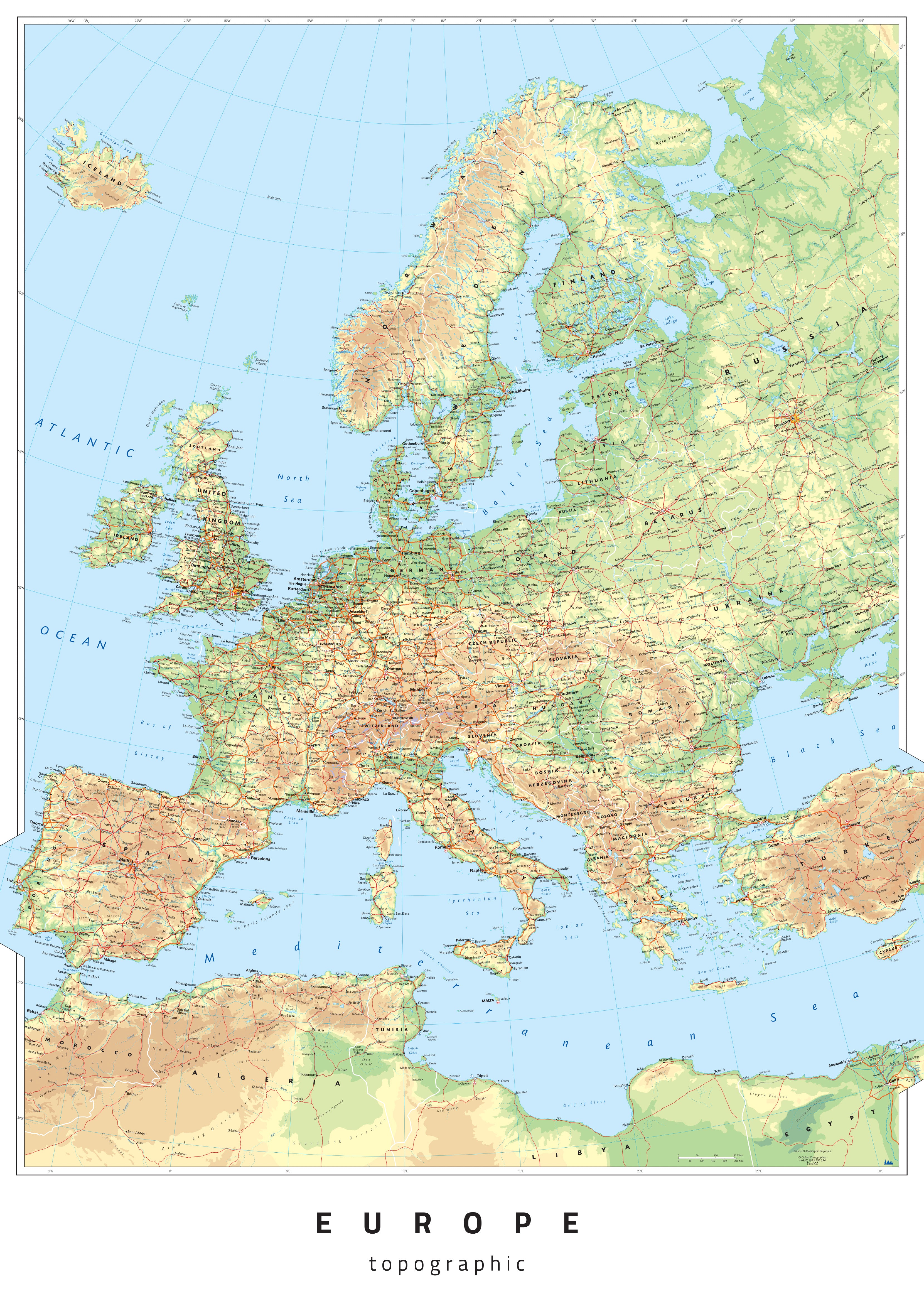 Europe Oxford Cartographers Topographic 594 x 841mm Wall Map
