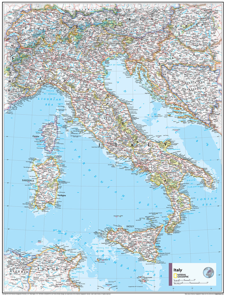 Italy Atlas of the World, 11th Edition, National Geographic Wall Map