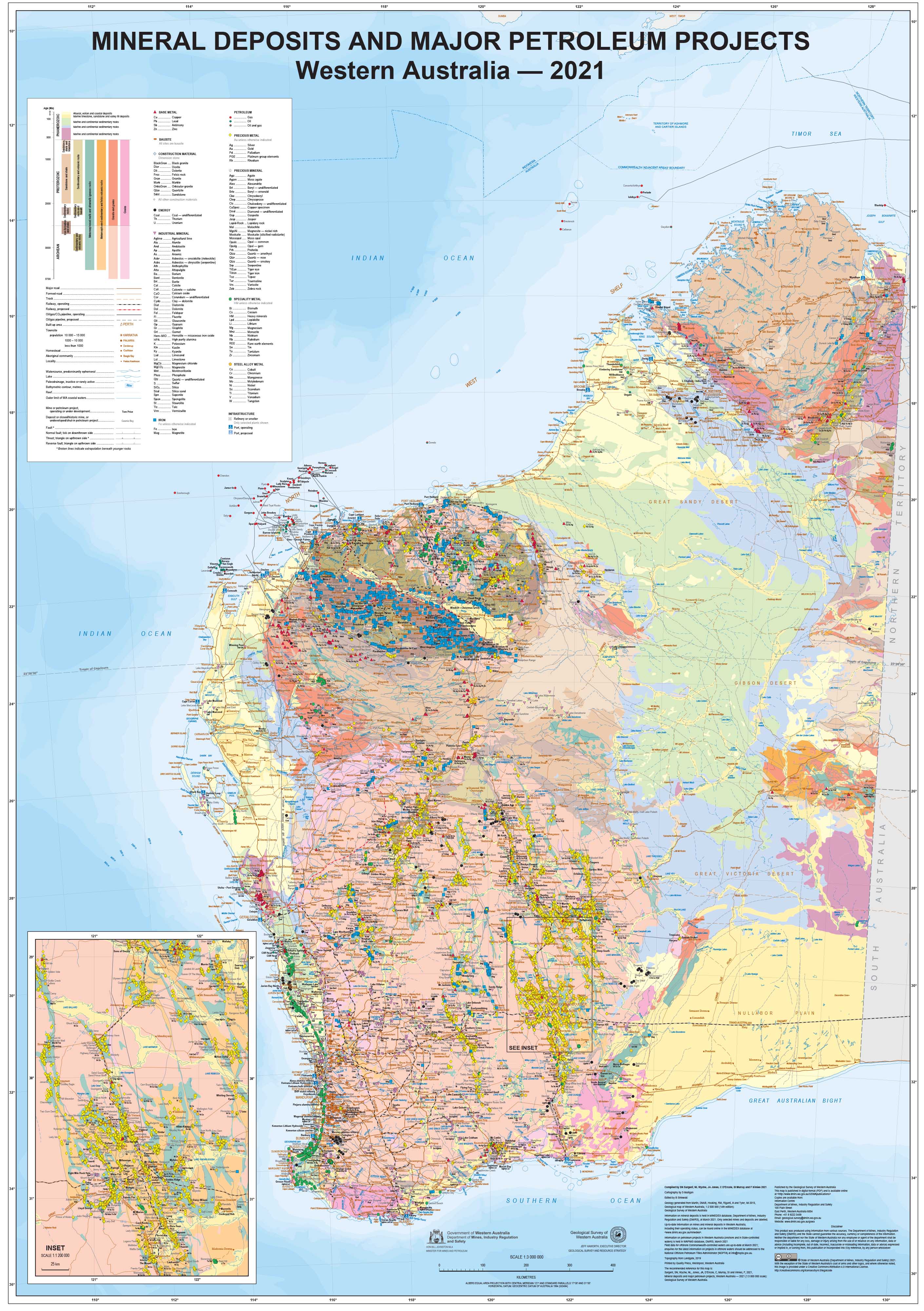 WA Mineral Deposits & Major Petroleum Projects Wall Map - Mapworld