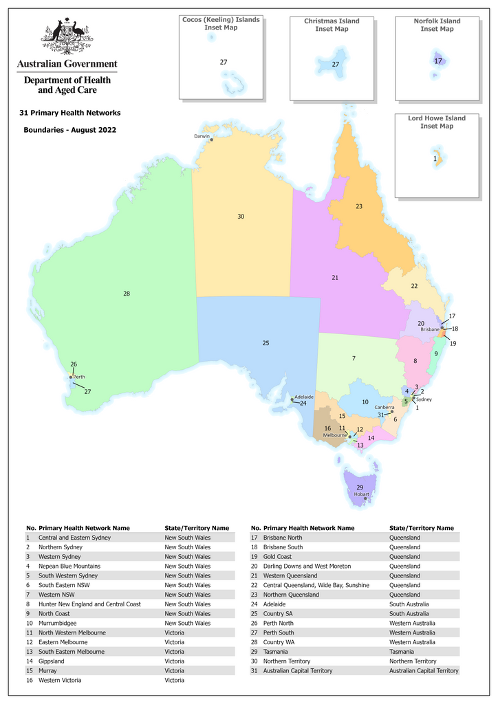 Australia Primary Health Care Network Wall Map | Mapworld