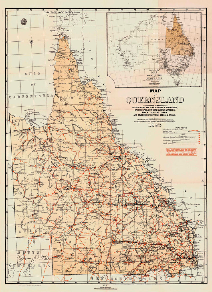 Queensland Stock Routes & Pastoral Wall Map 1893 - Mapword