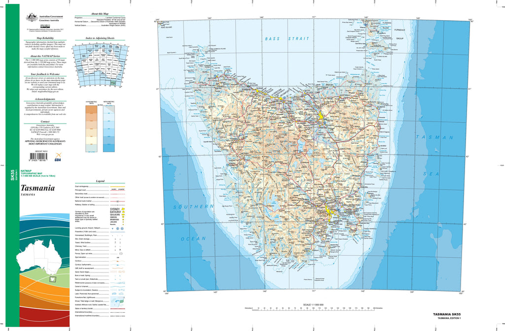 Buy SK-55 Tasmania 1:1 Million General Reference Topographic Map